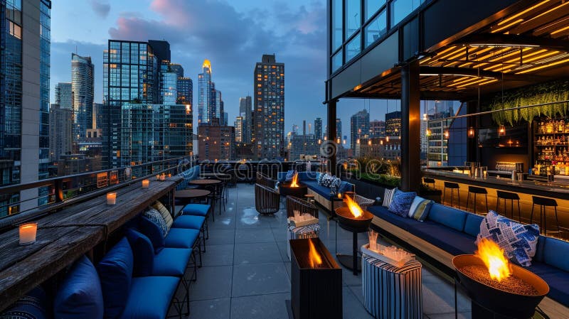 Rooftop Bar Serving Cocktails with Panoramic Views Stock Illustration ...