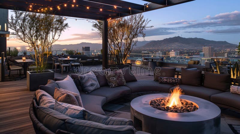 Rooftop Bar Serving Cocktails with Panoramic Views and Fire Pits Stock ...