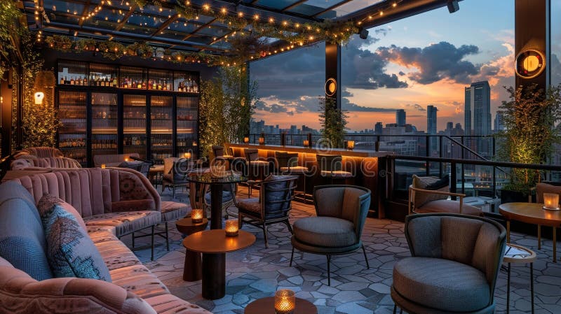 Rooftop Bar Serving Craft Cocktails with Panoramic Views and Plush ...