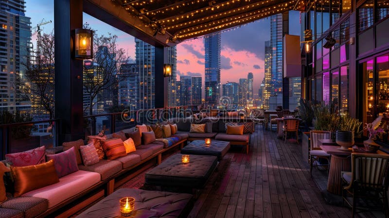 Rooftop Bar Showcases Lounge Seating with Cityscape Views at Night ...