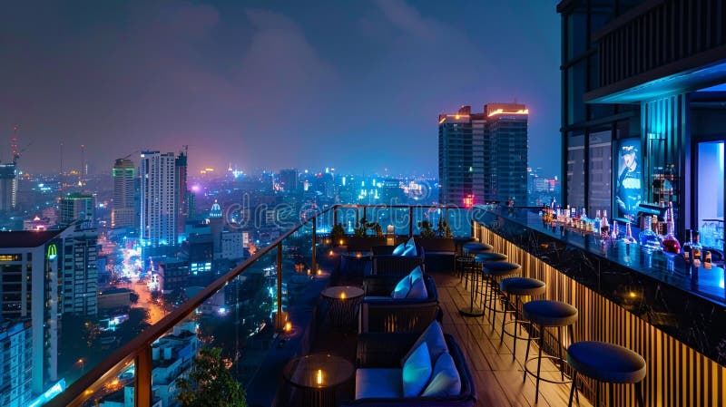 Rooftop Bar Showcases Panoramic City Views Stock Illustration ...