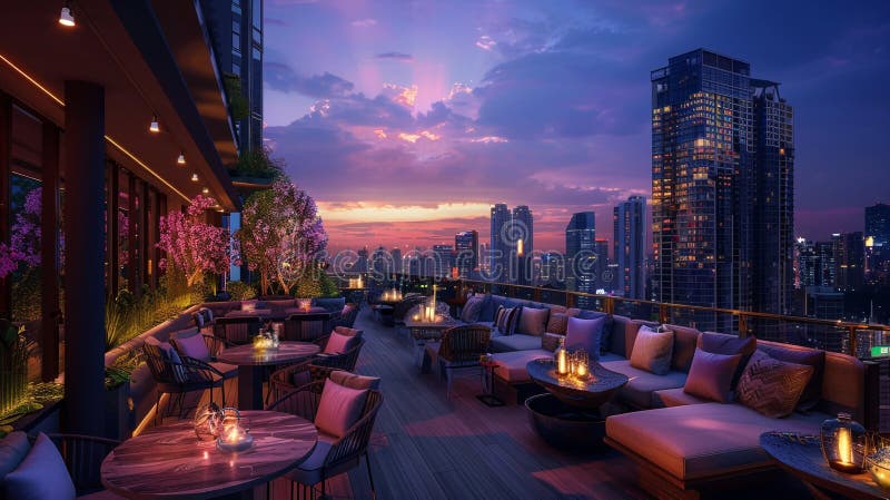 Rooftop Bar Showcasing Cityscape Views at Night Stock Illustration ...