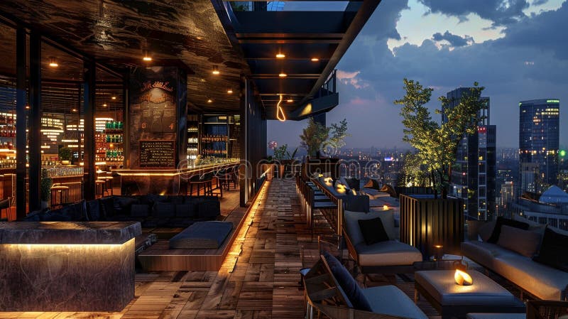 Rooftop Bar Showcasing Panoramic City Views at Night Stock Illustration ...