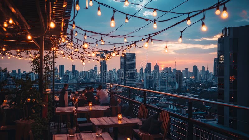 A Rooftop Bar with String Lights, a View of the City Skyline, and Stock ...