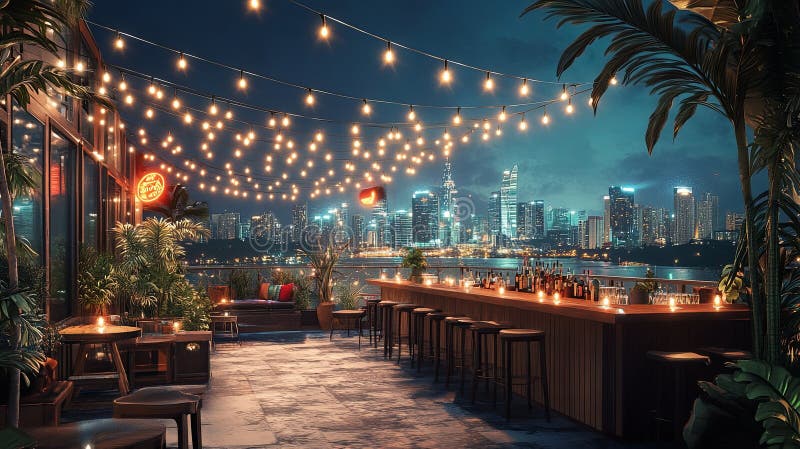 A Rooftop Bar with String Lights, a View of the City Skyline, and ...