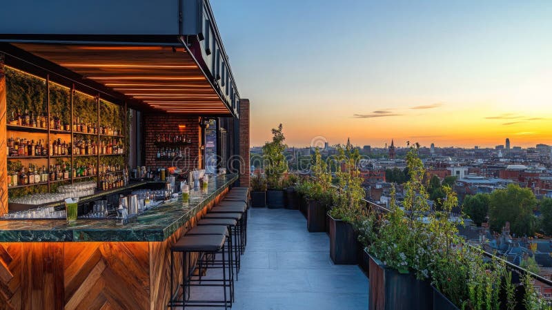 Rooftop Bar with Stunning City Sunset View Stock Illustration ...