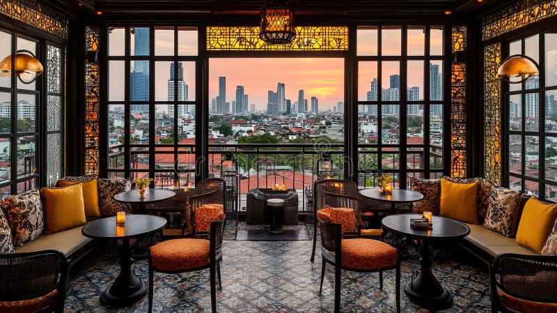 Rooftop Bar Sunset City View Luxury Lounge Stock Image - Image of urban ...