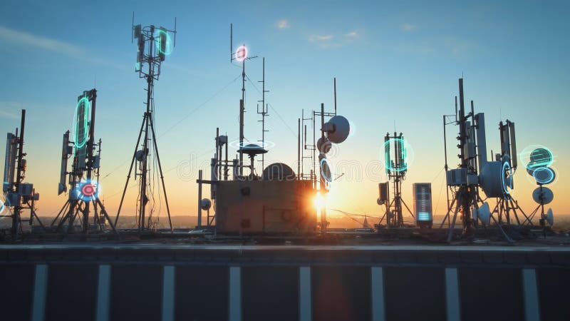 Rooftop Base Station at Sunset Covered with Telecom Tower Antenna Stock ...