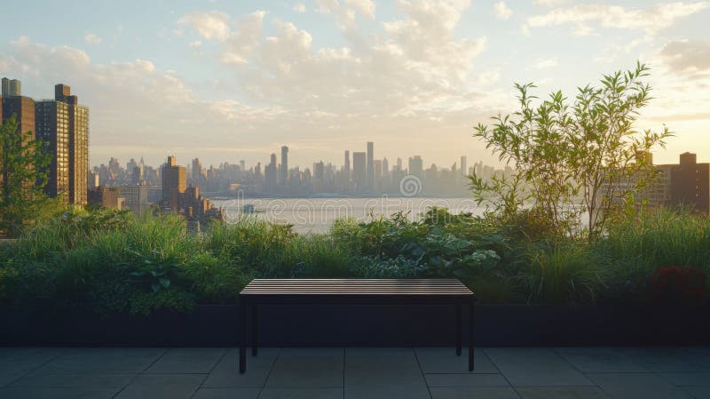 Rooftop Bench Overlooking City Skyline at Sunset Stock Illustration ...