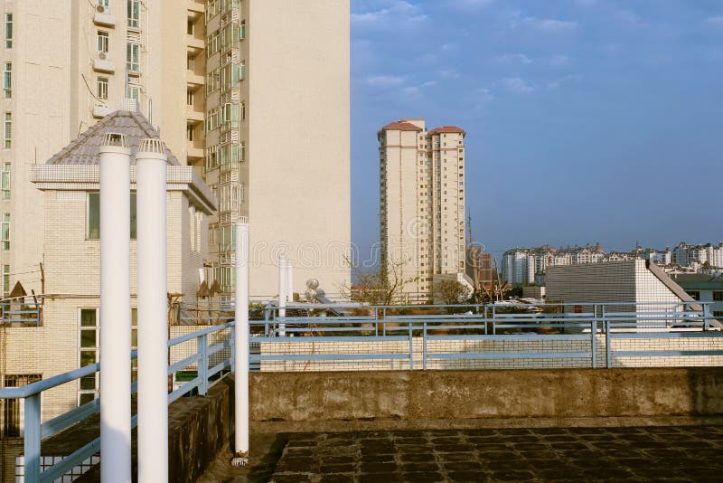 Rooftop blue sky balcony stock image. Image of view - 131295125