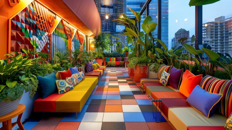 A Rooftop Cafe Setting with Lush Greenery Garden Stock Illustration ...