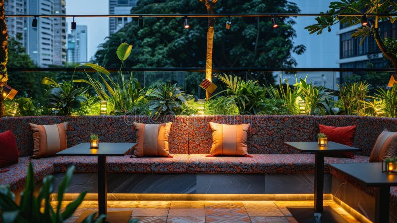 A Rooftop Cafe Setting with Lush Greenery Garden Stock Illustration ...