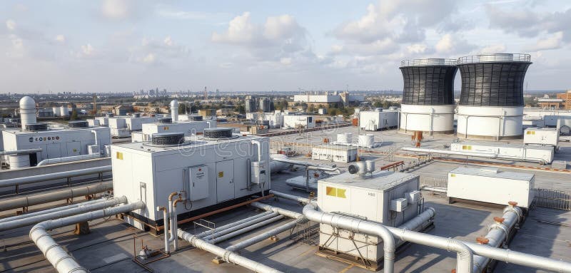 Rooftop Chiller Unit with Extensive Pipework and Cooling Towers ...