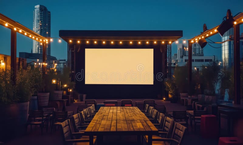 Rooftop Cinema Setup with Large Screen, Tables, and String Lights Stock ...
