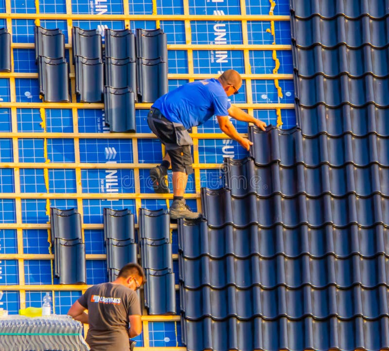 Rooftop Construction, Roof Tiling Workers Constructing a House, Rucphen ...