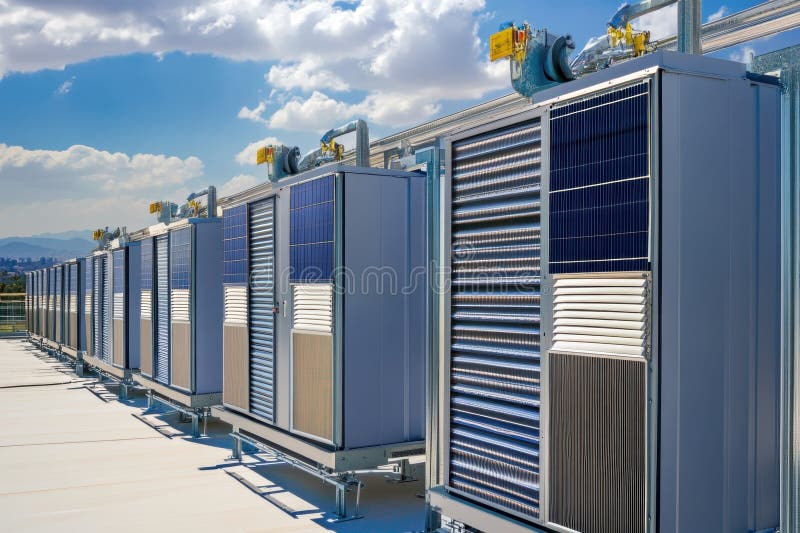 Rooftop Cooling Units Lined Up Under a Clear Blue Sky in a Modern ...