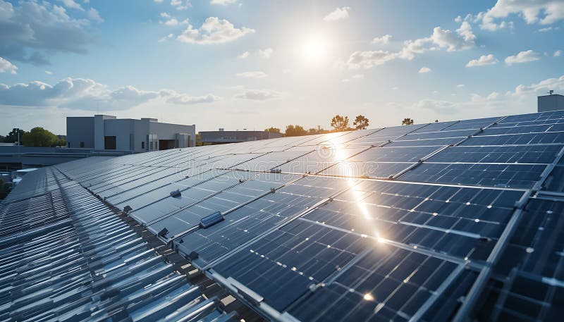 Rooftop Solar Panel Installation with Sun Glare and Blue Sky with ...