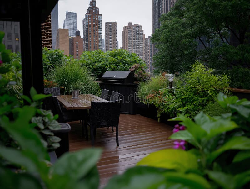 Rooftop Dining Area with City Views. Stock Illustration - Illustration ...