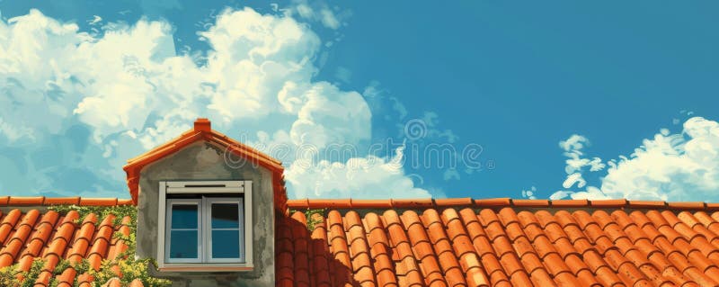 Rooftop with Dormer Window Under a Bright Blue Sky with Scattered ...