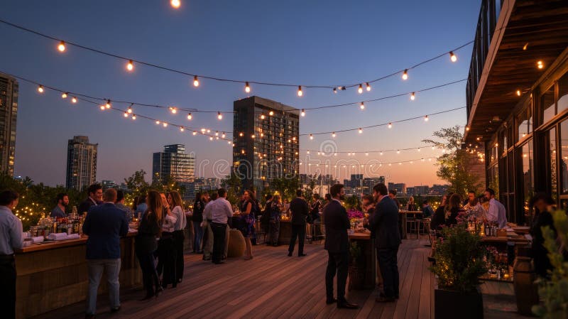 Rooftop Evening Gathering with Diverse Adults Under String Lights Stock ...
