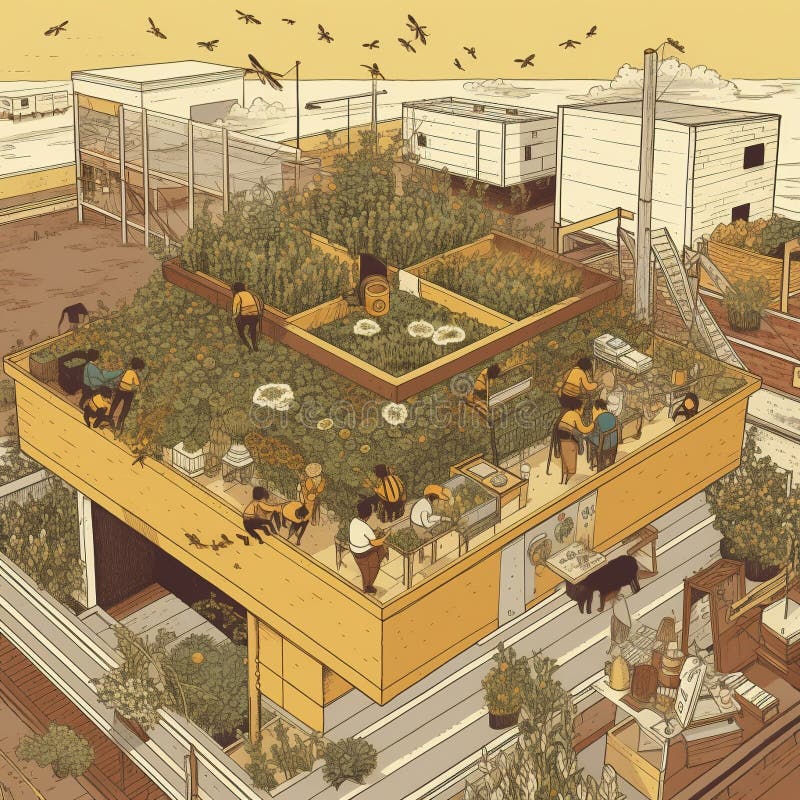 Rooftop Farm with Beehive stock illustration. Illustration of ...