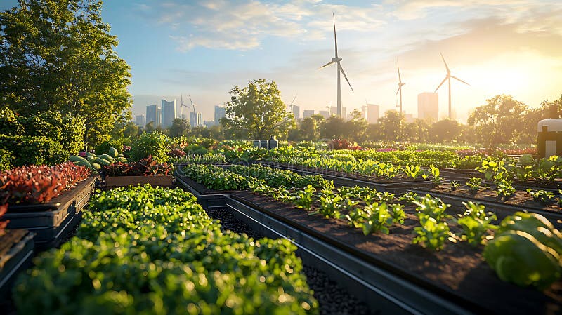 Rooftop Farm with Organized Rows of Vegetables and City Skyline Stock ...