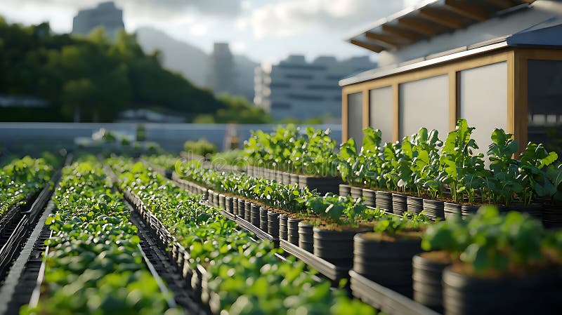 Rooftop Farm with Rows of Crops in Biodegradable Pots, Showcasing Urban ...