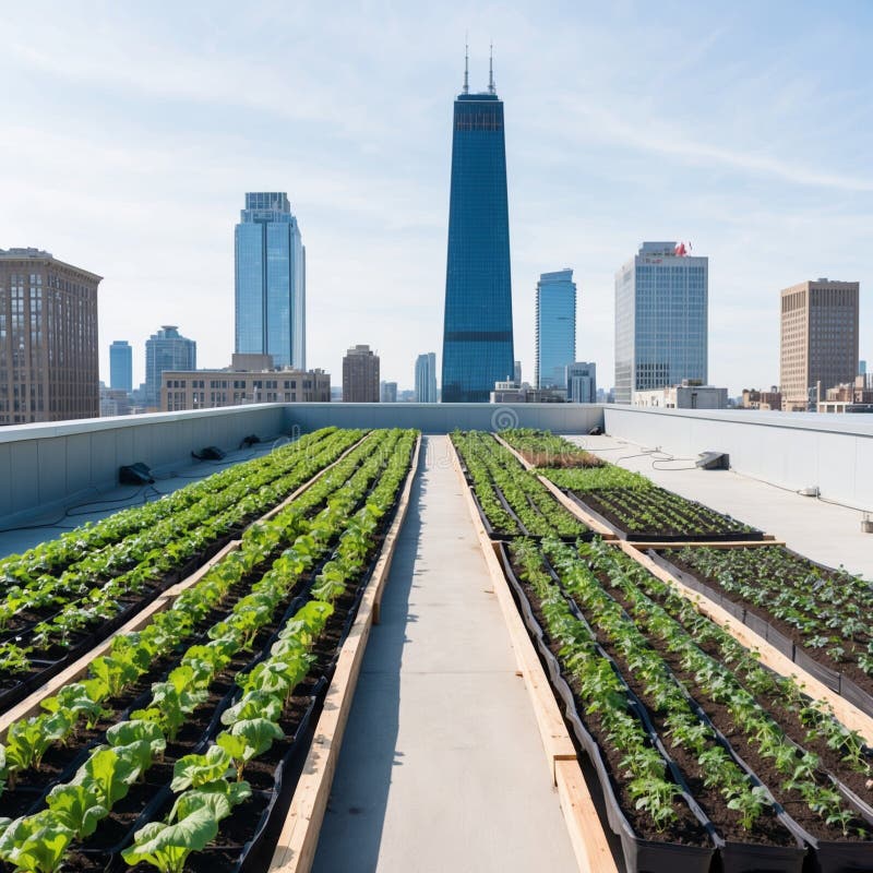 Rooftop Farm with Simple Paths Dividing Rows of Plants Against a Sleek ...
