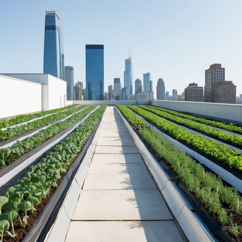 Rooftop Farm with Simple Paths Dividing Rows of Plants Against a Sleek ...