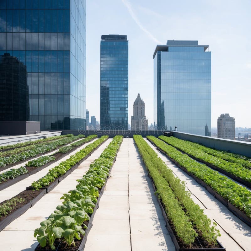 Rooftop Farm with Simple Paths Dividing Rows of Plants Against a Sleek ...