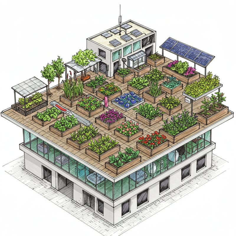 A Rooftop Garden Atop a Modern Structure is Depicted with an Array of ...