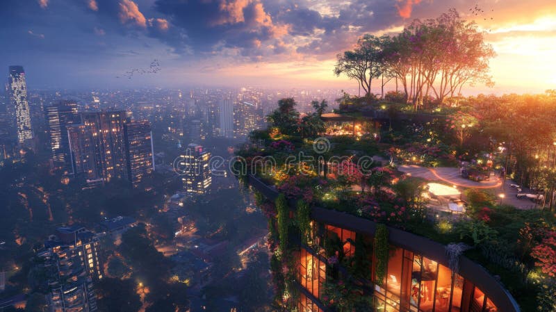 Rooftop Garden Cityscape at Sunset Overlooking Buildings Stock ...