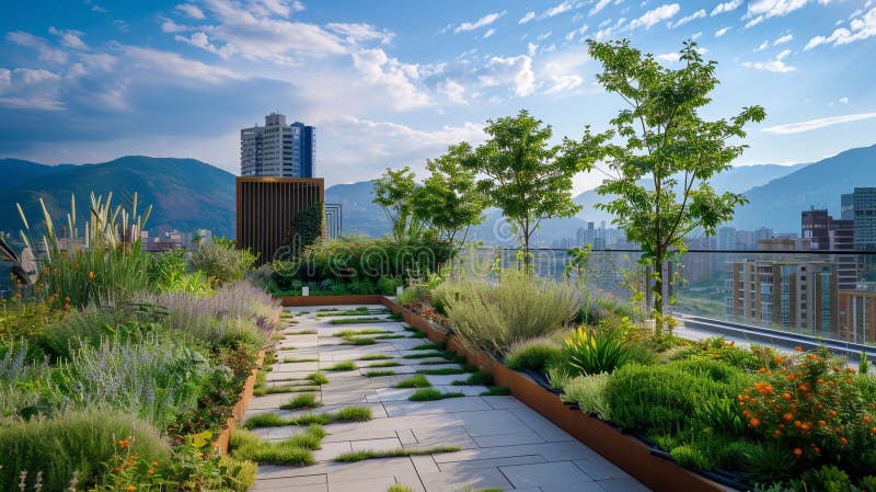 Rooftop Garden Features Plants and Walking Paths with Panoramic Views ...