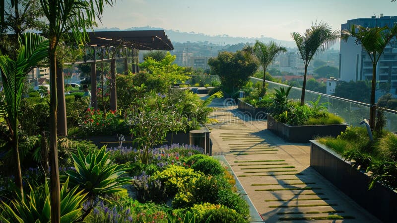 Rooftop Garden Features Walking Paths with Panoramic Views Stock ...