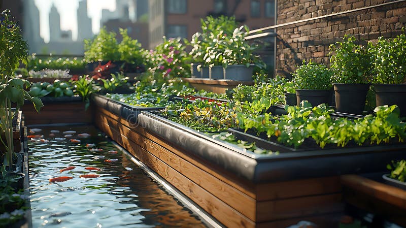 Rooftop Garden Featuring Compact Aquaponic System with Lush Plants and Fish Stock Illustration ...