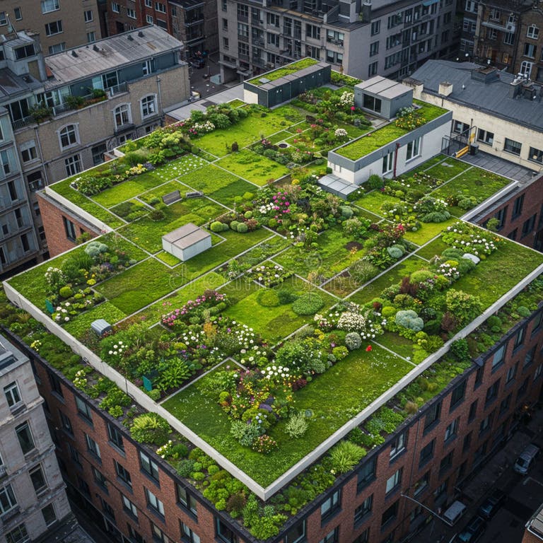 Rooftop Garden Featuring a Vibrant Array of Green Spaces Arranged in a ...