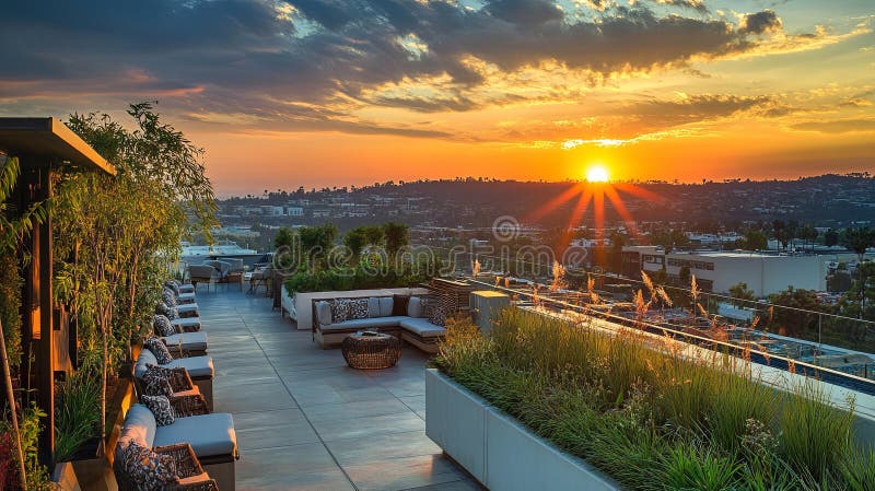 Rooftop Garden with Greenery, Seating, City Views at Sunset.. Stock ...