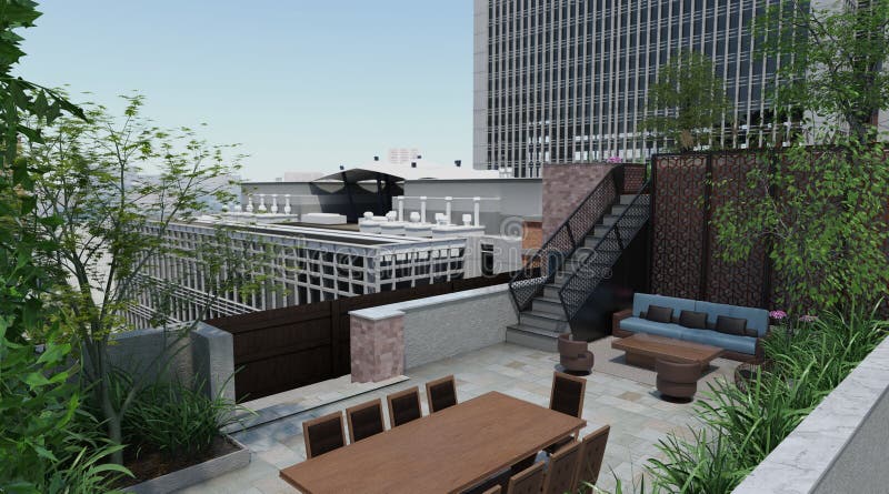 The Rooftop Garden of the High-rise Building 3d Illustration Stock ...