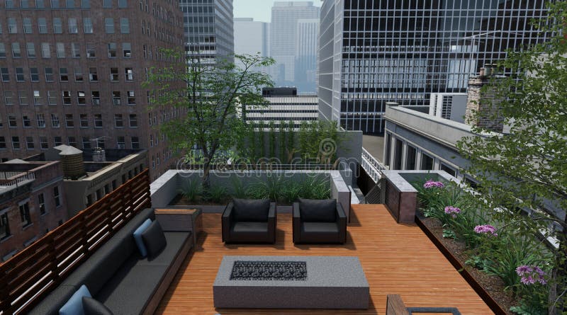 The Rooftop Garden of the High-rise Building 3d Illustration Stock ...