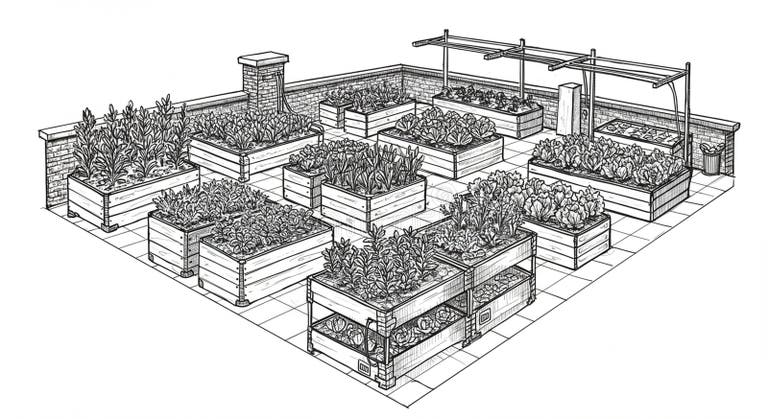 Rooftop Garden Layout Featuring Multiple Rectangular Wooden Planters ...