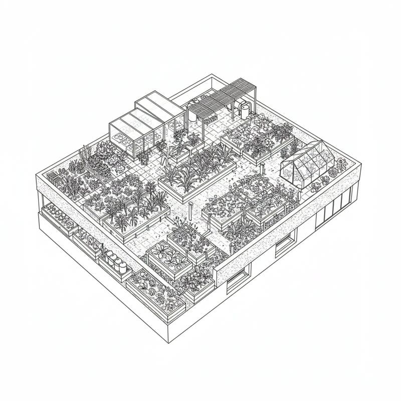 Rooftop Garden Layout with Multiple Rectangular Planters, Filled with ...