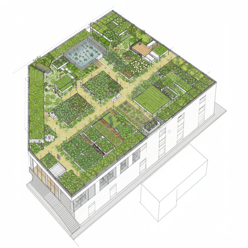Rooftop Garden Plan Illustrating a Detailed Layout on a Rectangular ...