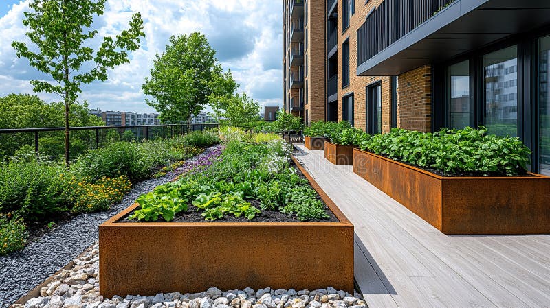 Rooftop Garden with Rust-colored Planters, Featuring Various Herbs and Plants, Alongside a ...