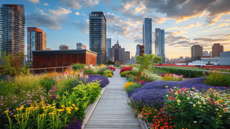 Rooftop Garden Showcasing Flowers and Walking Paths with City Skyline ...