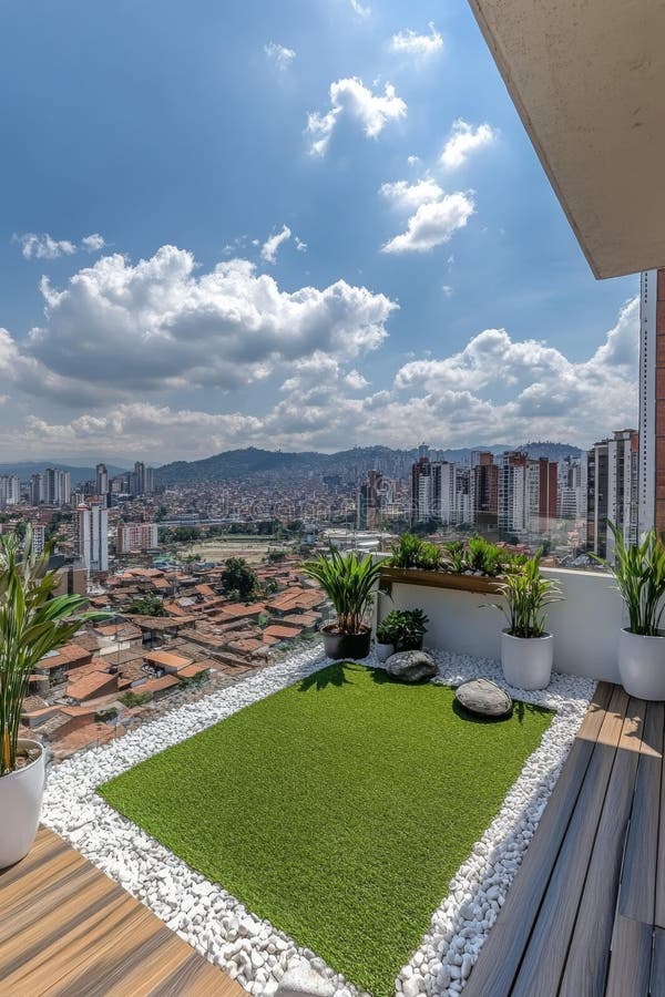 A Rooftop Garden with a Wooden Deck and Artificial Grass, Designed in a ...