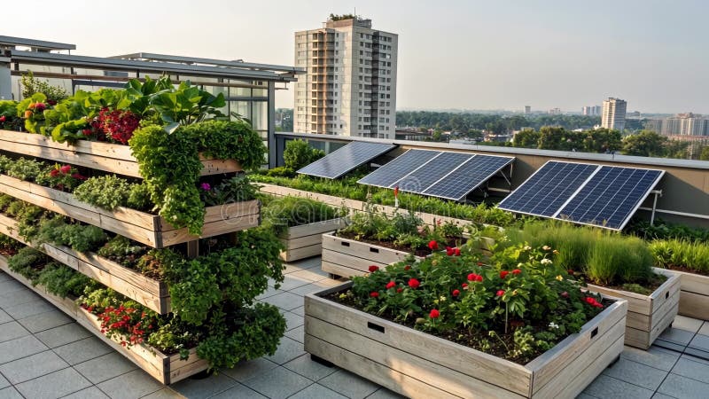 Rooftop Gardens Featuring Stacked Planters and Solar Panels Soaking Up ...
