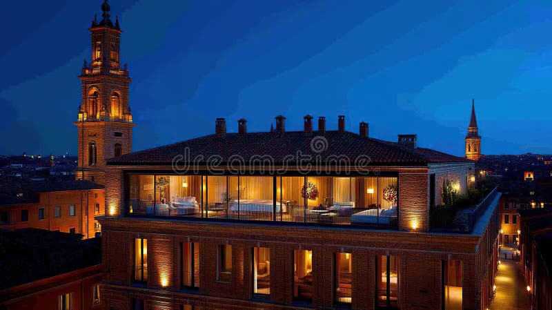 Rooftop Hotel at Night, Italian City Stock Illustration - Illustration ...
