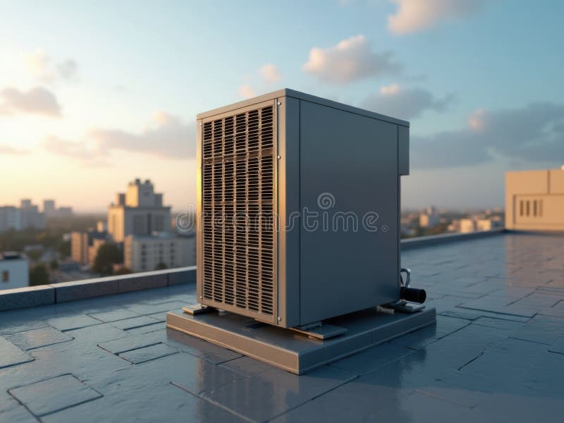 A Rooftop HVAC Unit is Situated on a Clean and Modern Roof, Illuminated ...