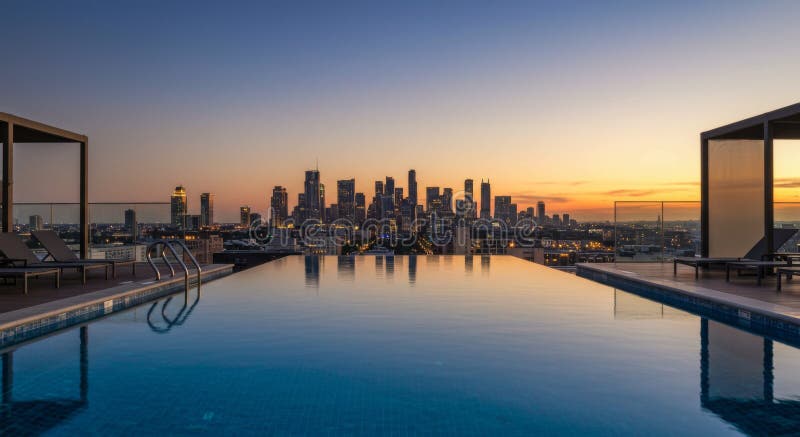 Rooftop Infinity Pool with City Skyline at Sunset Stock Illustration ...