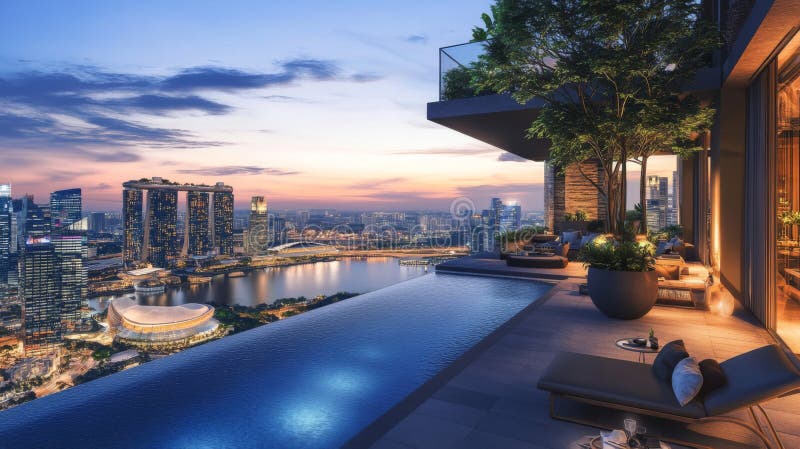 Rooftop Infinity Pool with City Skyline View at Twilight Stock ...